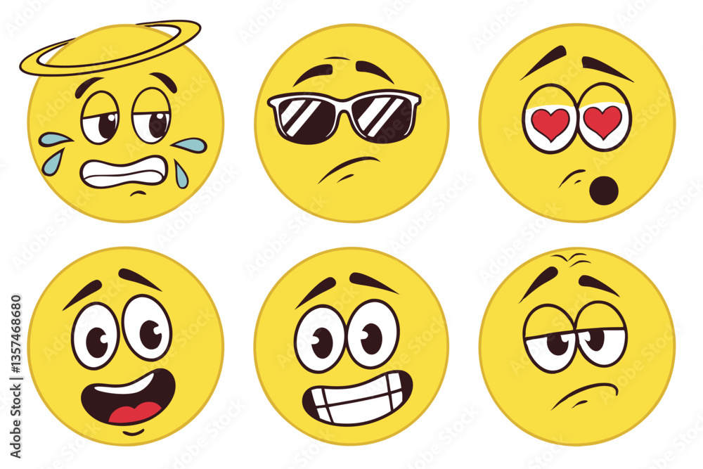 48 Colorful emoji set, expressive cartoon faces, vector illustration ...