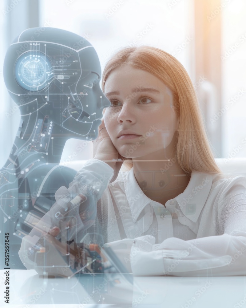 Futuristic interaction: young woman contemplating artificial intelligence in digital workspace ...