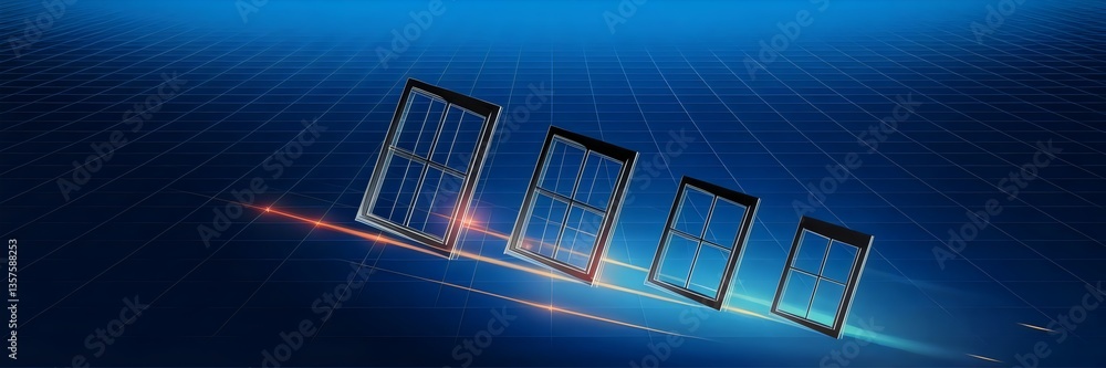 Abstract digital illustration of shrinking windows on glowing grid ...