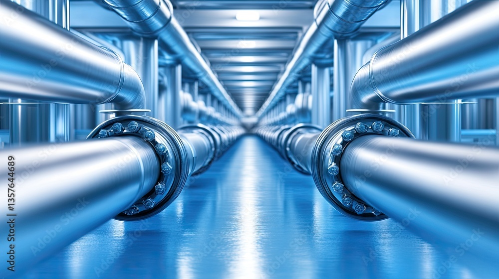 Pipeline junction with bolted flanges in industrial corridor showing ...