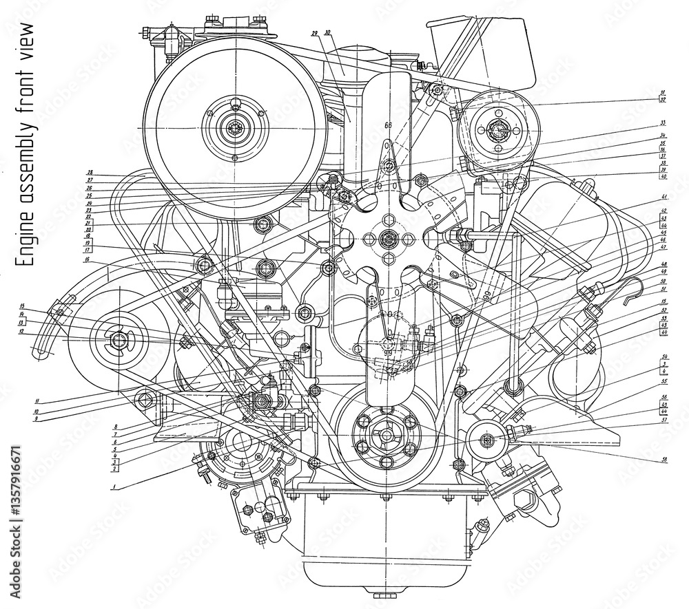 Engine assembly of cargo vehicle. Front view. Engineering mechanical ...