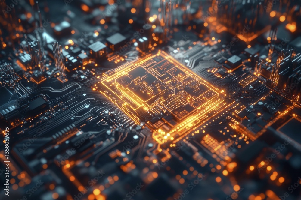 Glowing Electronic Circuit Board with Orange Light and Complex Computer ...
