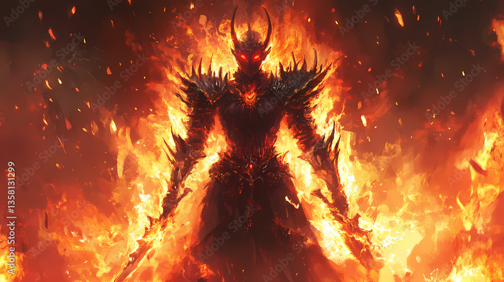 Demon queen surrounded by raging inferno, with glowing red eyes and ...