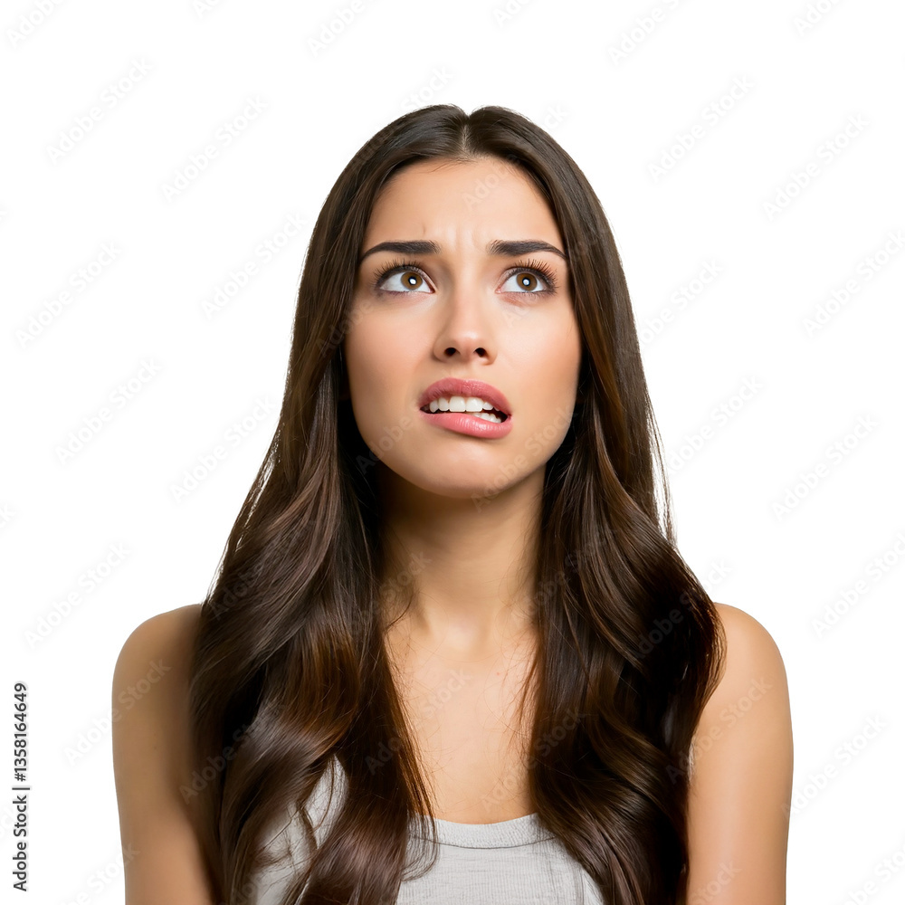 Worried young woman biting lip looking upwards isolated on transparent ...