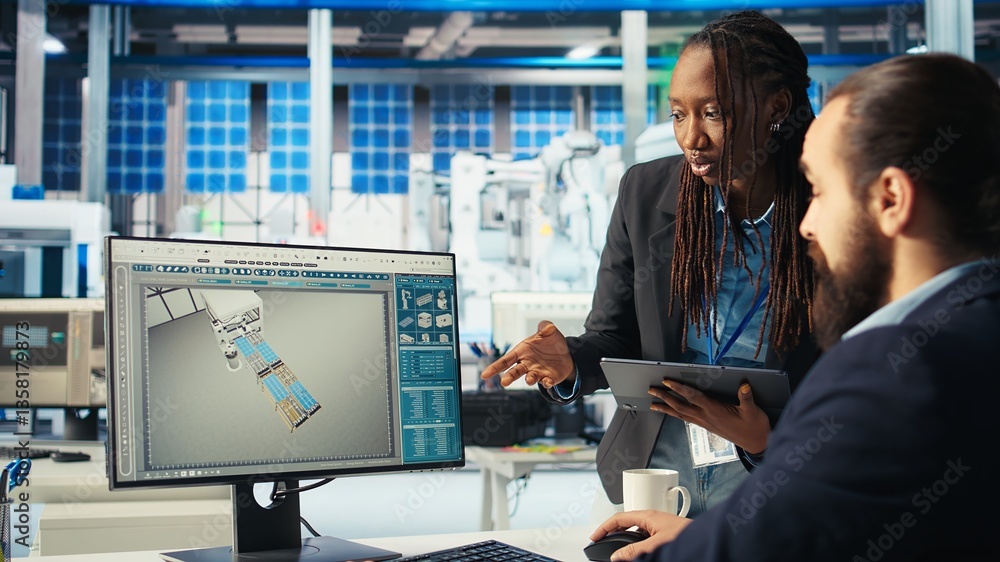 Photovoltaics factory manager and coworker brainstorming, adjusting ...