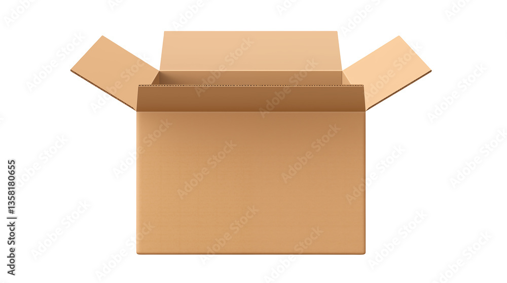 An open cardboard box with flaps extended against a solid black ...