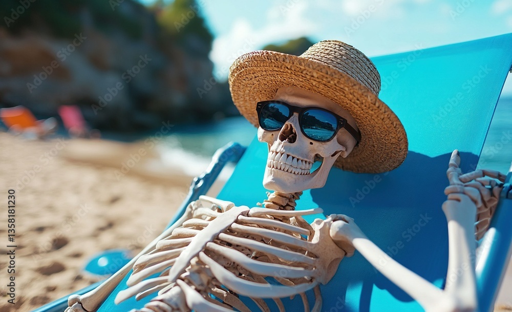 A human skeleton wearing sunglasses and a straw hat rests on a sun ...