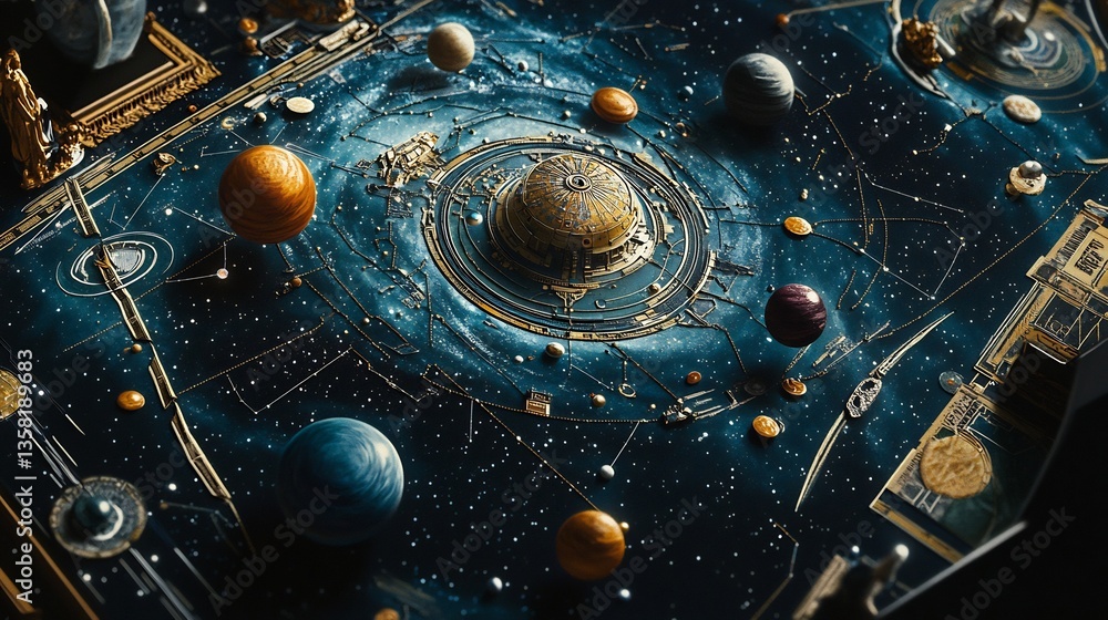 Top down illustration of detailed map showing planetary positions in ...