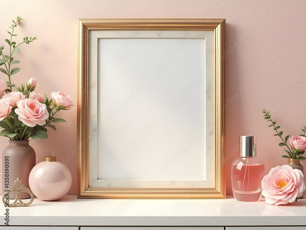 Picture with golden frame with perfumes and flowers mockup. Photography ...
