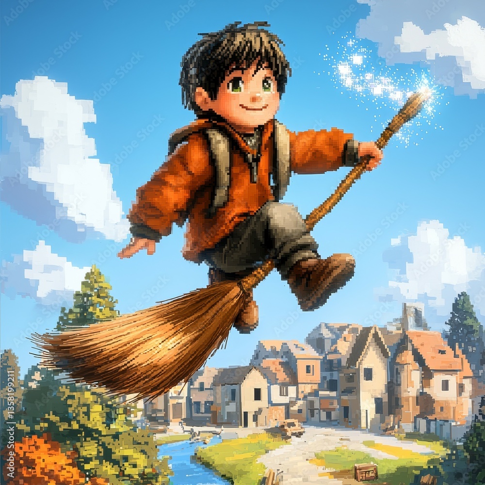 pixel art and a little boy that is a wizard concept. A child flying on ...
