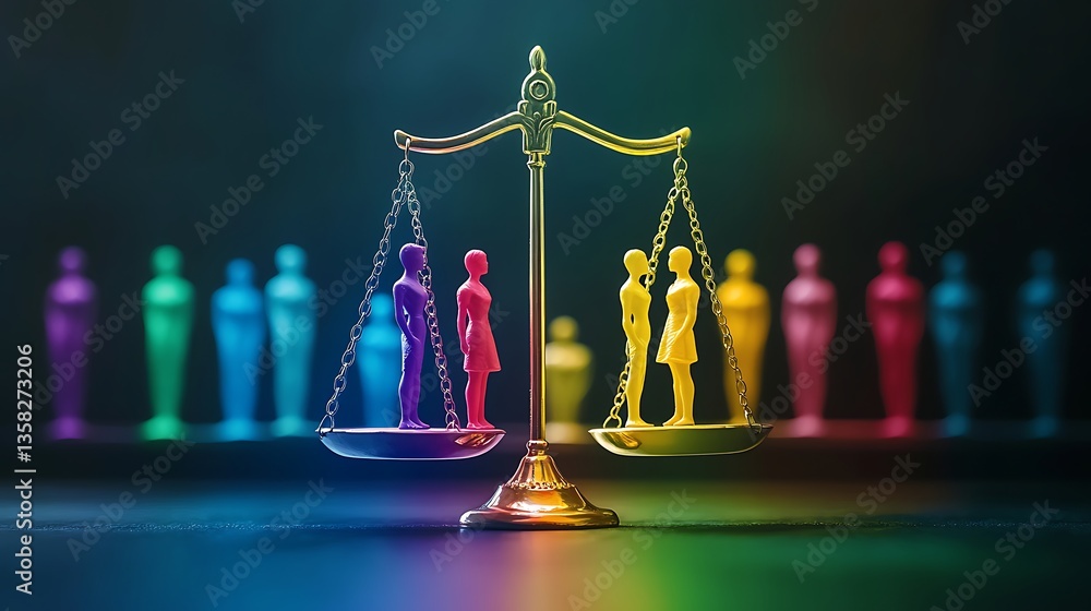 Rainbow equality background with symbolic scale and diverse people ...