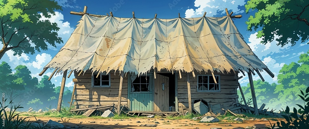 cartoon Frayed tarp roof over dilapidated wooden shack anime ...