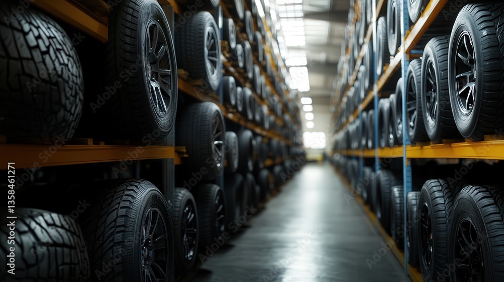 tire in a warehouse, with rows of tires neatly stacked, highlighting the scale and variety ...