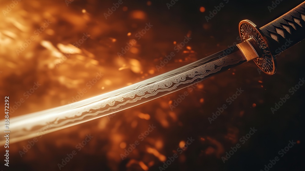 katana sword in motion, with the blade reflecting the ambient light ...