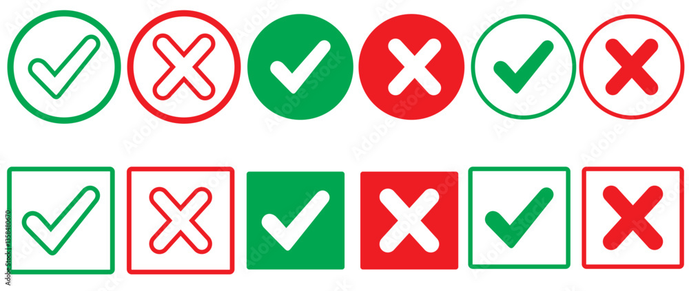Check mark icon button set. Check box icon with right and wrong buttons and yes or no checkmark ...