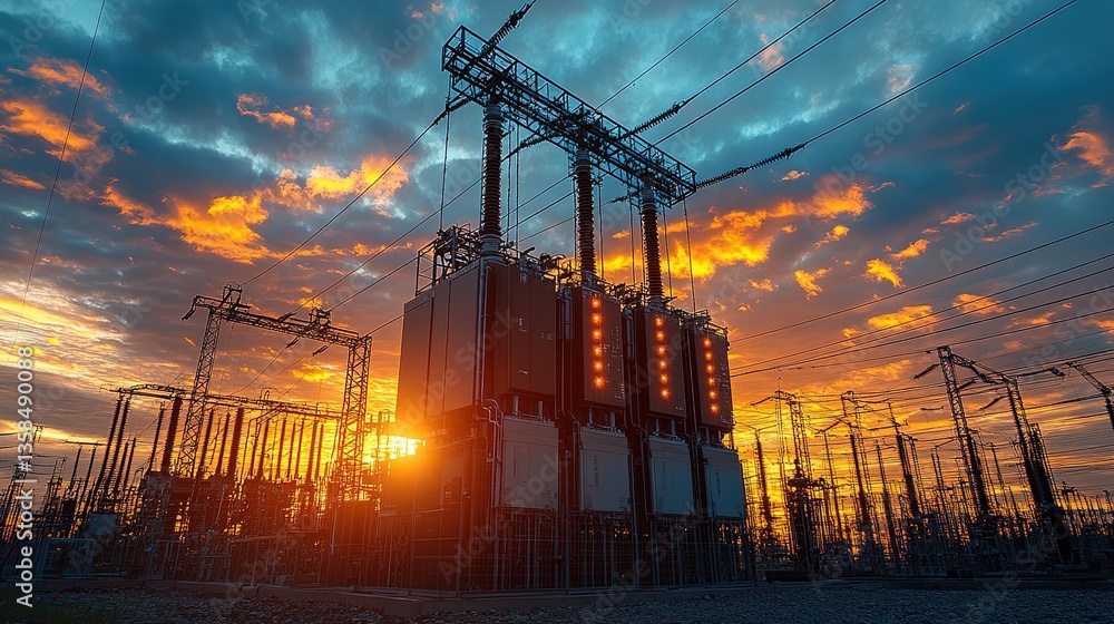 High voltage power transformer at an electric substation with blue sky ...