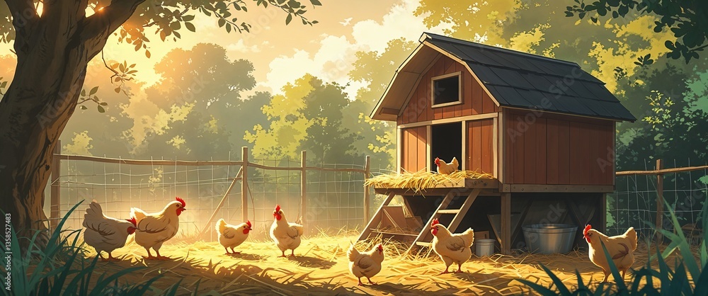 cartoon Backyard chicken coop with soft morning light on hay anime ...