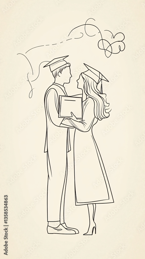 Graduation moment niece cap gown heart outline minimalist sketch couple ...