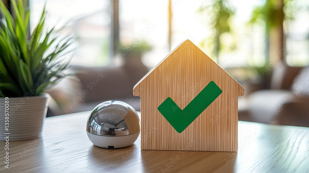 Wooden house model on a desk, large green check mark beside it, bright ...