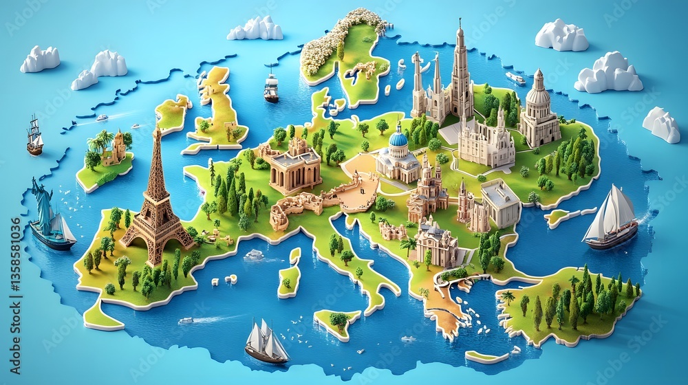 Isometric map of europe featuring iconic landmarks travel adventure ...