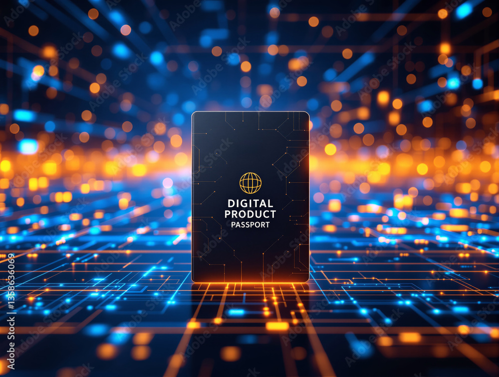 A digital product passport card stands on a glowing futuristic ...