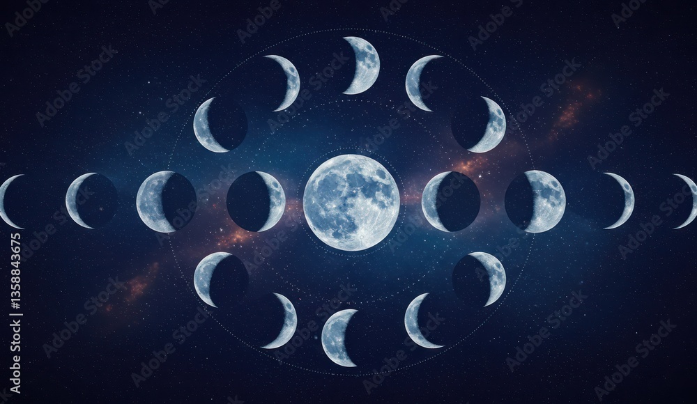 Lunar cycle in space with phases of the moon against a starry nebula ...