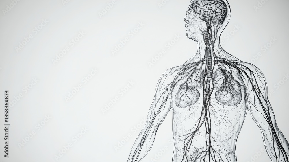 Lymphatic system with clear fluid pathways on a neutral background ...