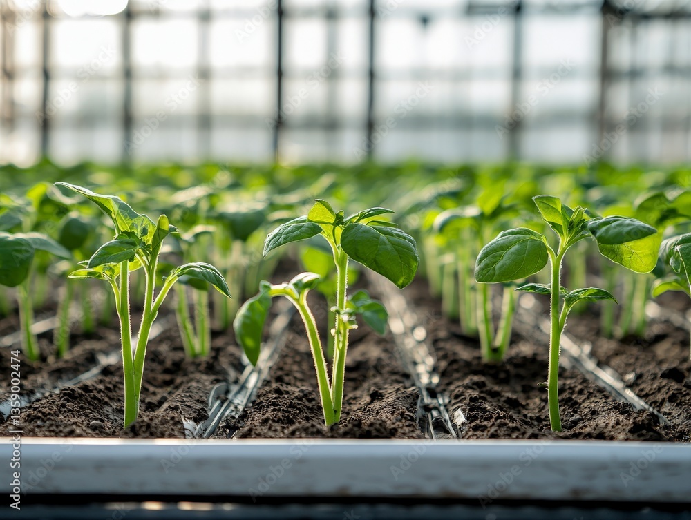 Neatly aligned young crop rows emerging from black fertile soil in ...