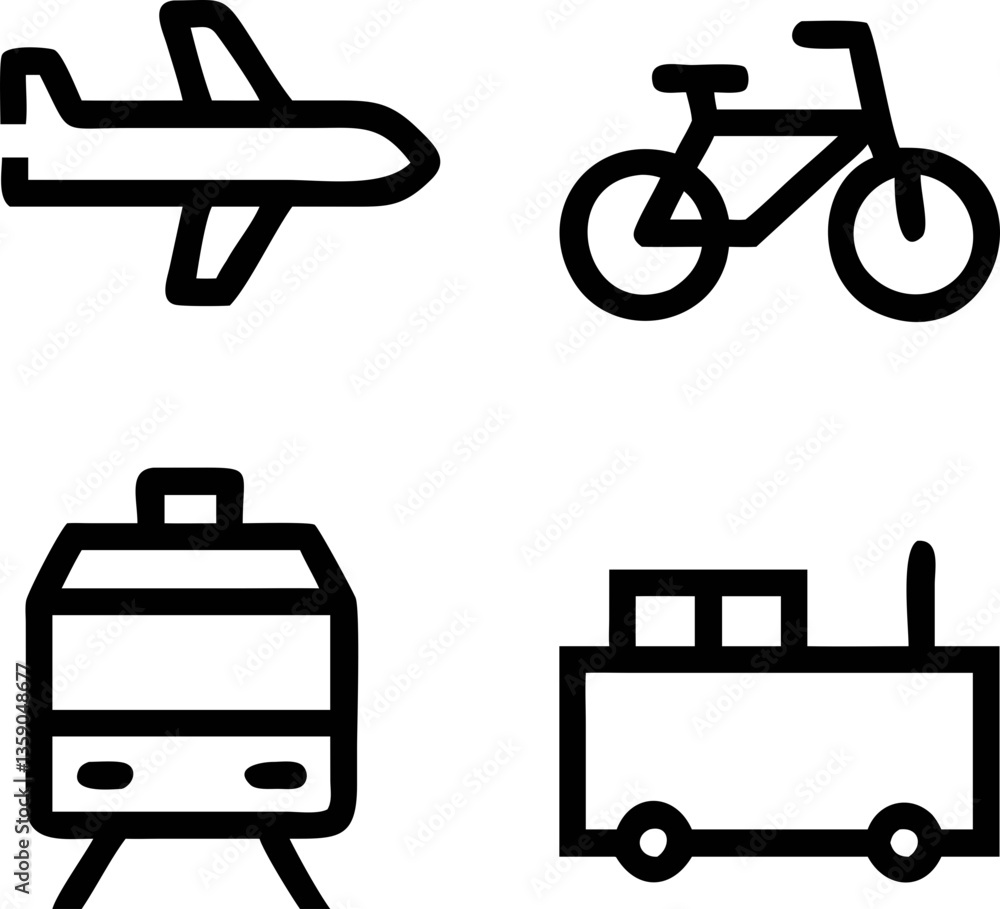 Transportation icons featuring airplane, bicycle, train, and bus in ...