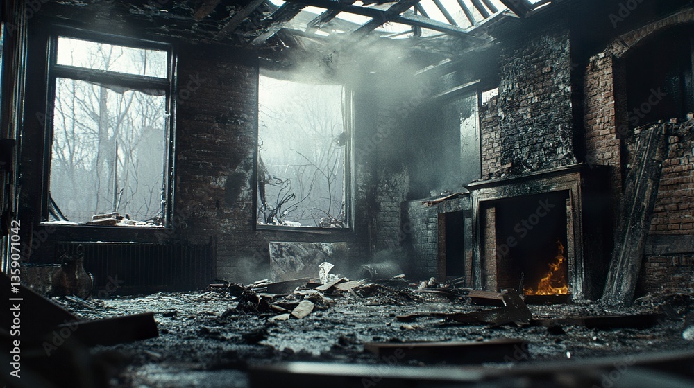 Devastated house interior blackened walls burned ceiling beams ...