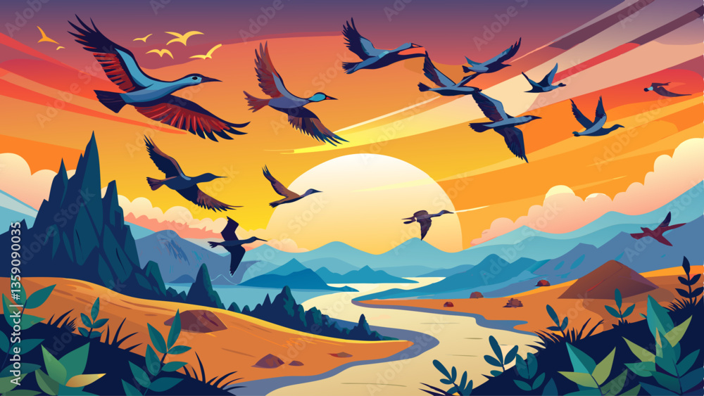 Spring Migration - Birds flying in a V-formation against a clear dawn ...