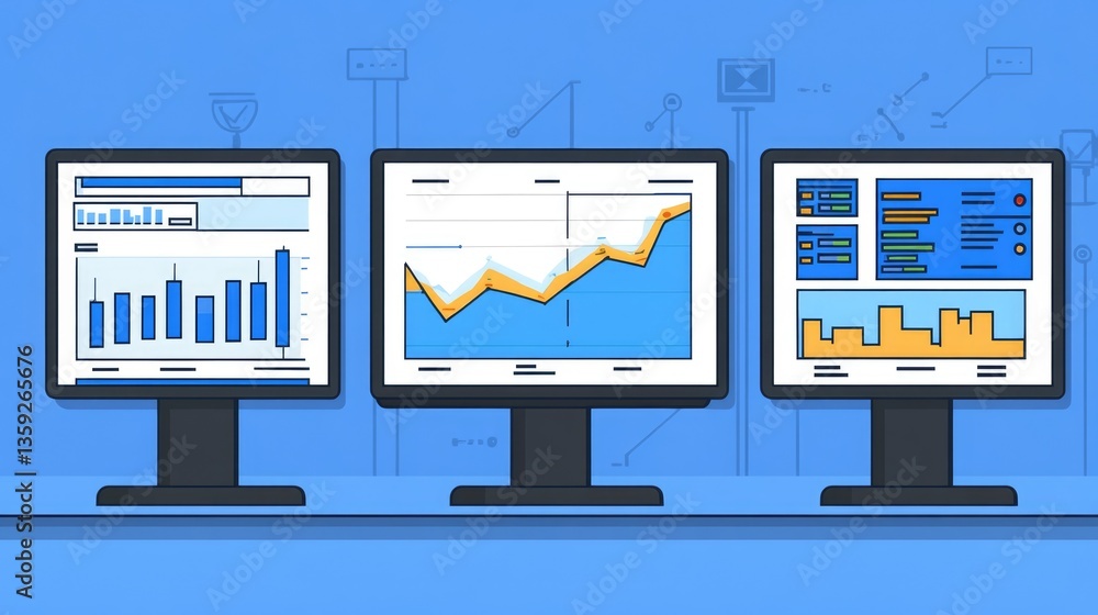 Data Analysis on Multiple Monitors: Business Intelligence Dashboard Displaying Key Performance ...