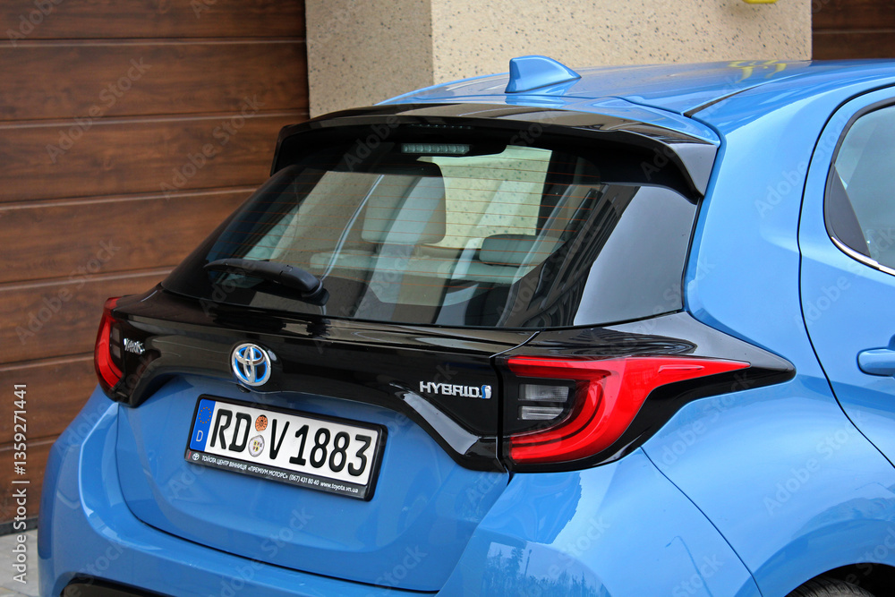 Vinnytsia, Ukraine; March 25, 2025. Blue Toyota Yaris ZR Hybrid 2024 ...