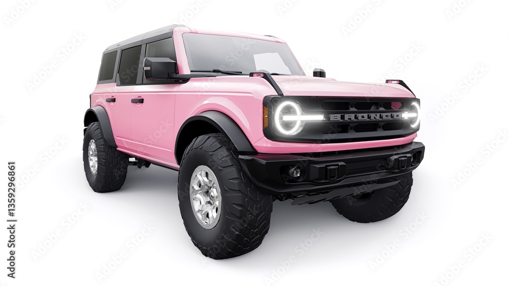 USA, Miami. March 03, 2025. Ford Bronco 2023. A pink American SUV on a ...
