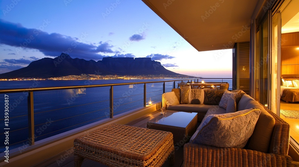 Sophisticated balcony in Cape Town with twilight ocean backdrop, gold ...