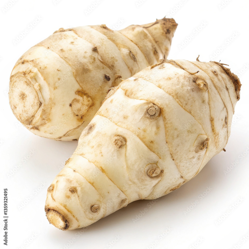 Two white, tuberous root vegetables with a slightly rough texture and ...