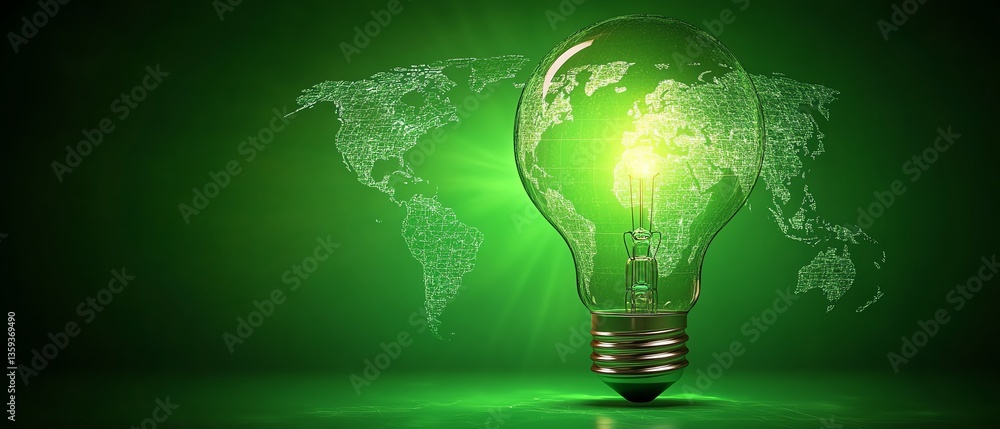 World map in green inside a glowing light bulb, symbolizing the ...