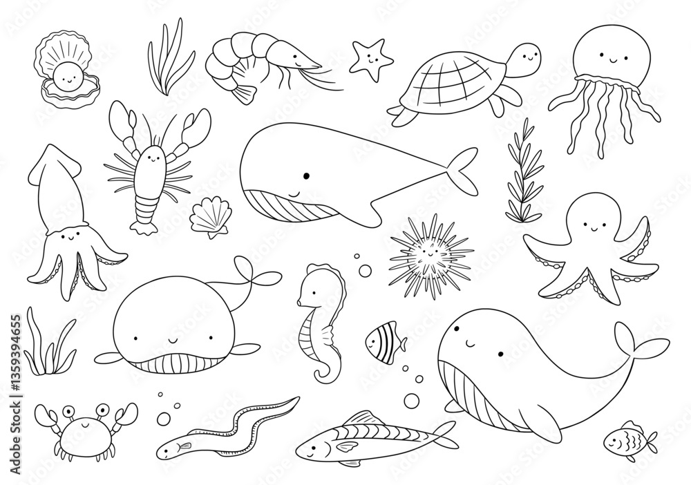 Cute smiling sea animals doodle illustrations set for children. Vector ...