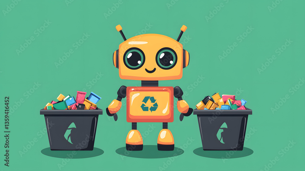 A cartoon robot character teaches people how to properly sort garbage ...