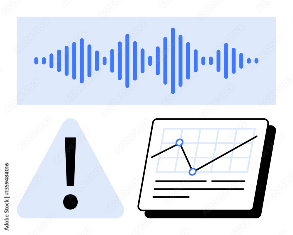 Blue audio waveform, alert triangle with exclamation mark, and data ...