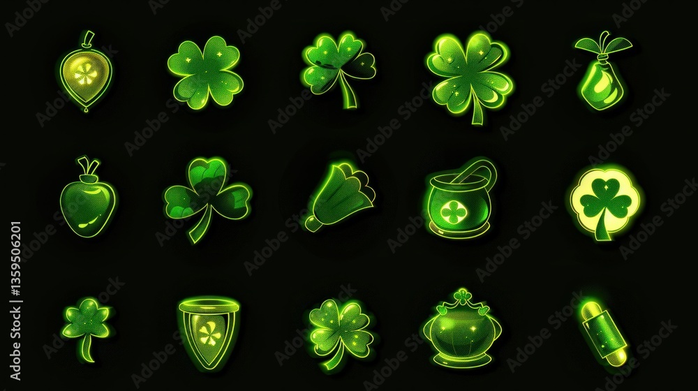 Collection of St. Patrick's Day icons like a four-leaf clover, pot of ...