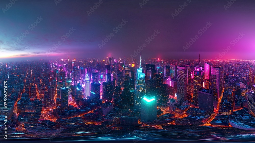 A vibrant 360-degree HDRI panorama capturing a city skyline at night ...
