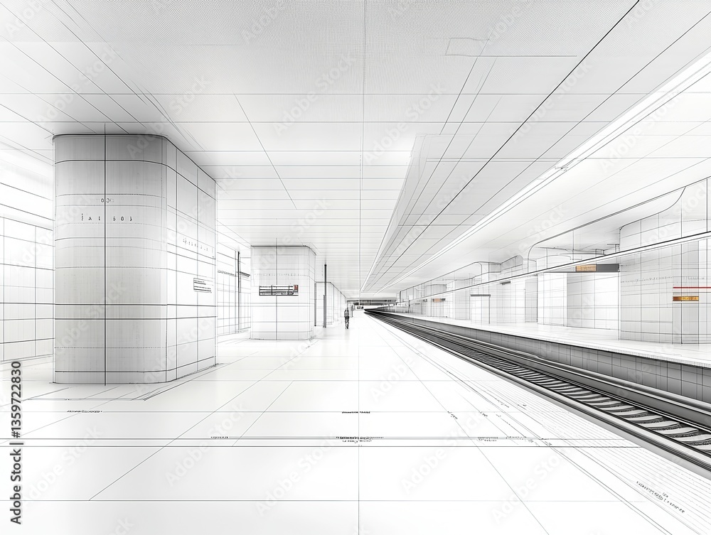 Train station interior with tunnels cut open to show platforms ...