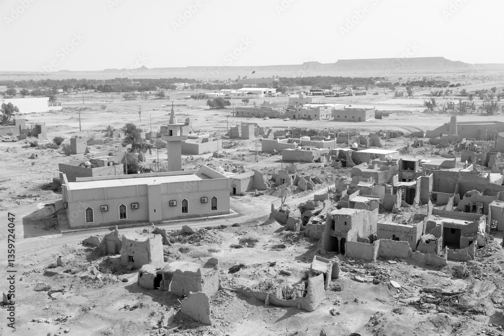 View of the small village Raghba with the abandoned mud houses in the ...