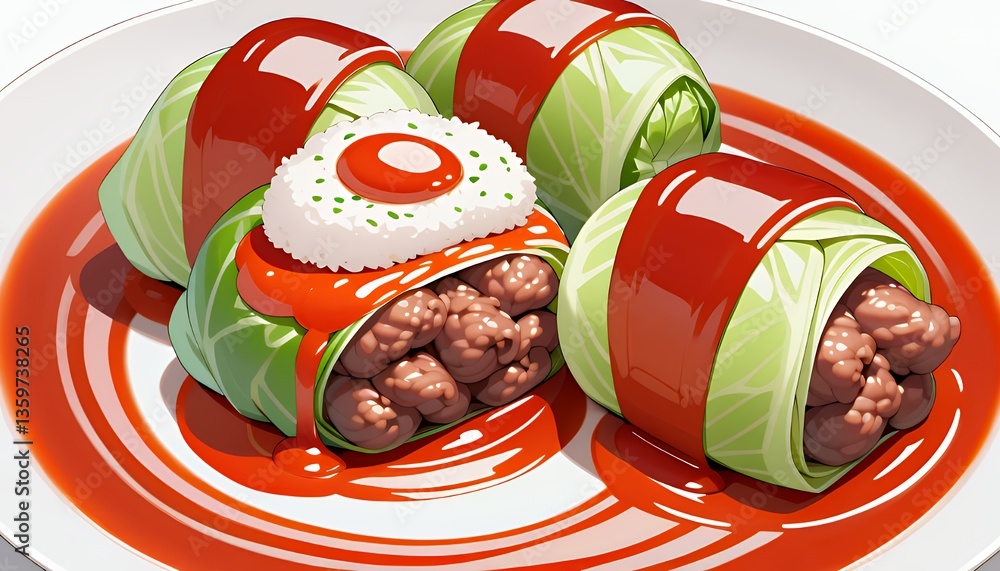 Anime Style Cabbage Rolls with Egg and Rice in Red Sauce Stock ...
