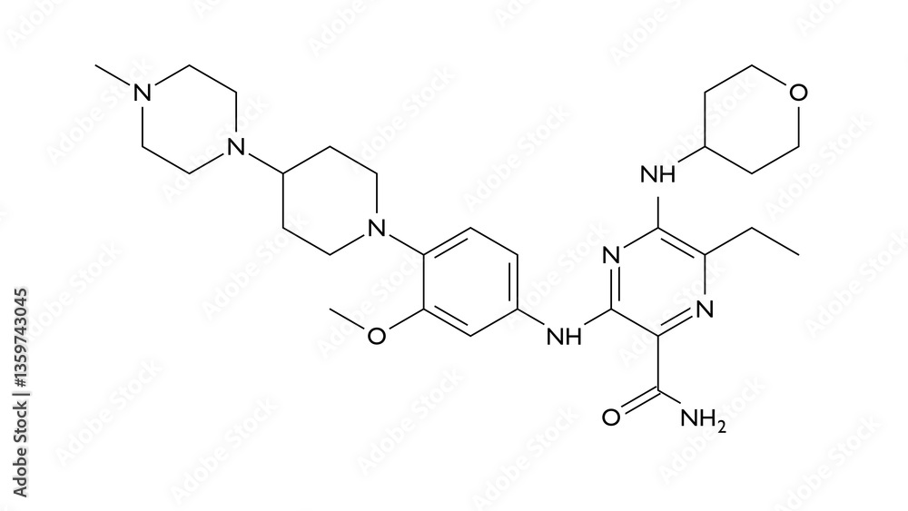 gilteritinib molecule, structural chemical formula, ball-and-stick ...