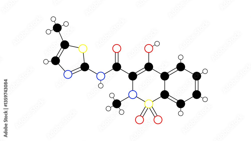 meloxicam molecule, structural chemical formula, ball-and-stick model ...
