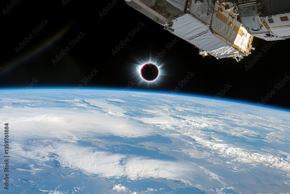 Total solar eclipse viewed from low Earth orbit with curvature of Earth ...