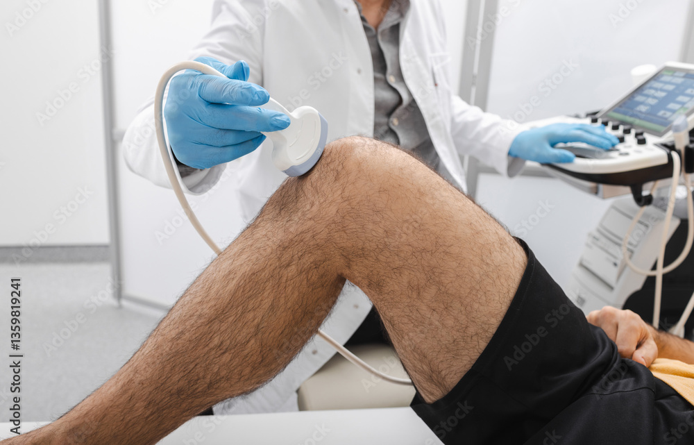 Sonography of knee joint. Male patient with knee injury during knee ...