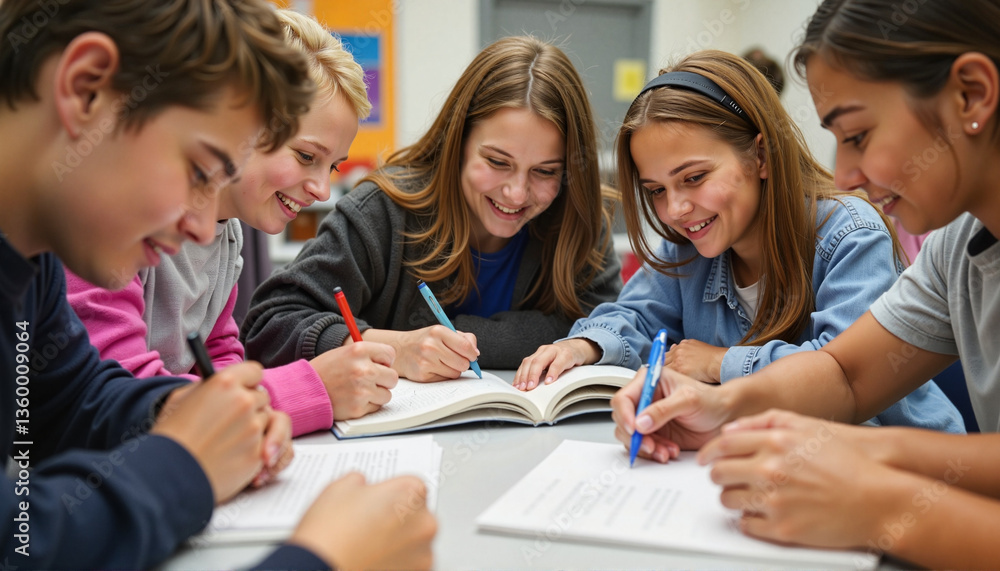 Cheerful students signing yearbooks in a circle, memorable moments, End ...